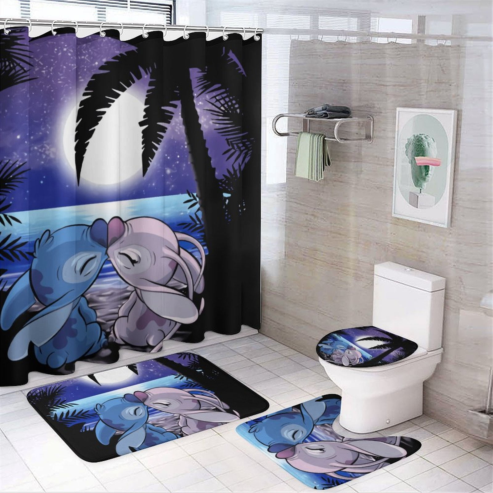 Stitch Bathroom Set 1-Piece (Shower Curtain, U-Shaped Mat, Bath Mat ...