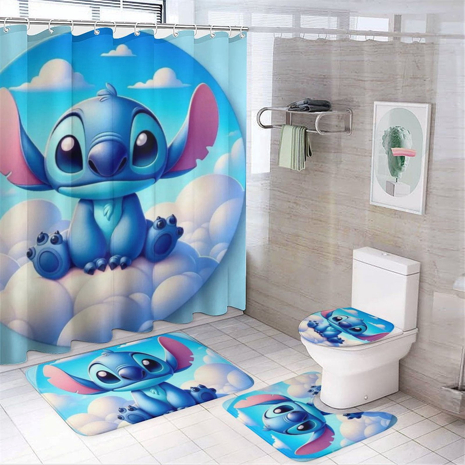 Stitch Bathroom Set 2-Piece (Shower Curtain, U-Shaped Mat, Bath Mat ...