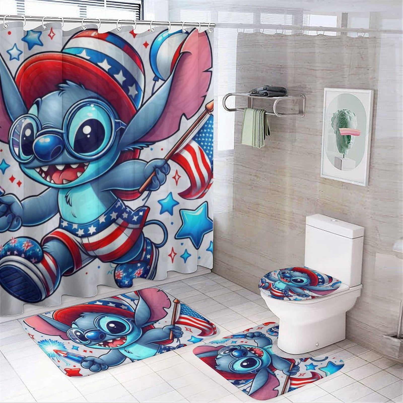 Stitch Bathroom Set 3-Piece (Shower Curtain, U-Shaped Mat, Bath Mat ...