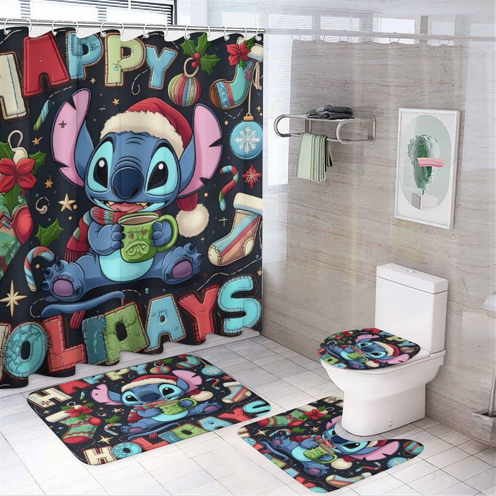 Stitch Bathroom Set - 4 Piece Shower Curtain Set with 72x72 inch Shower ...