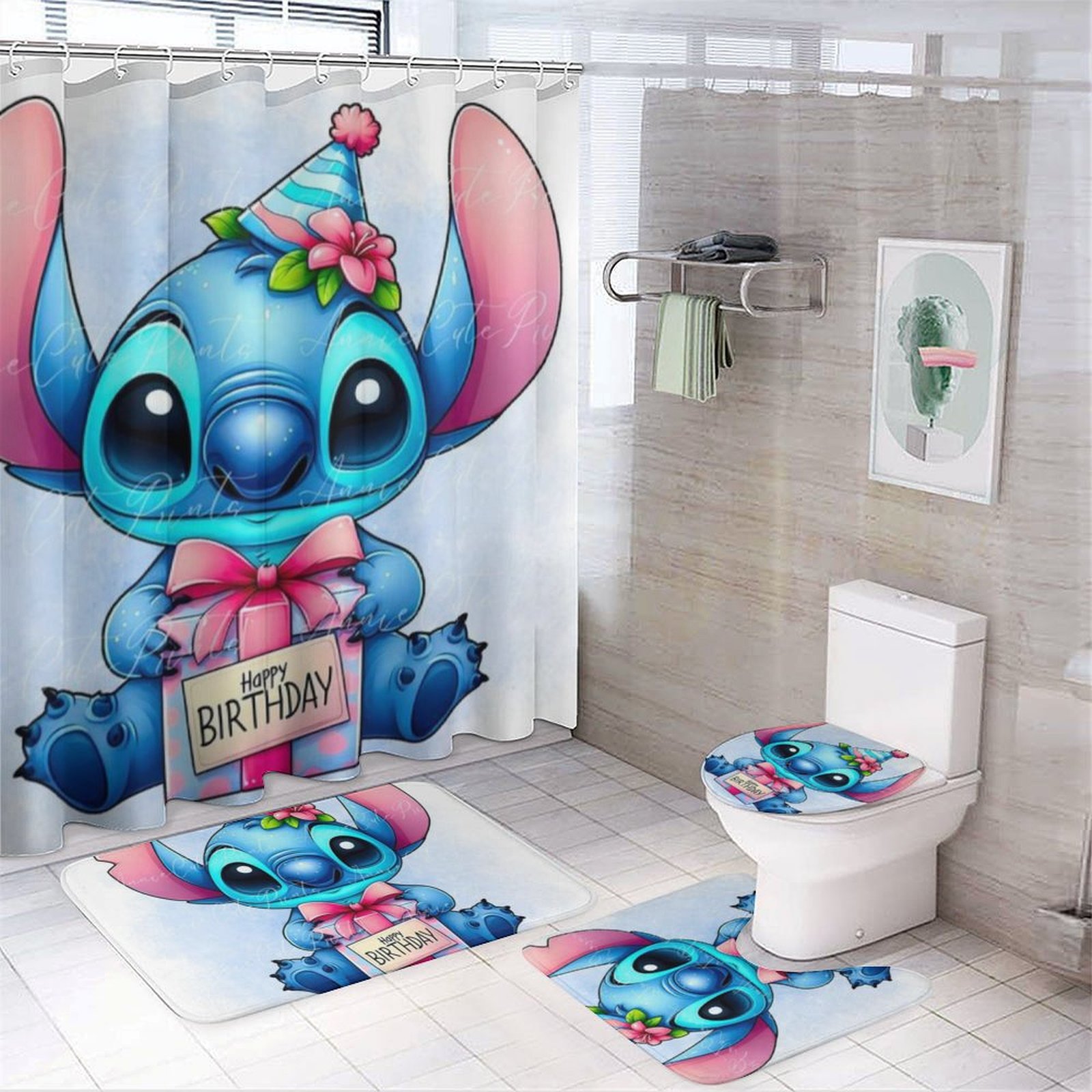Stitch Bathroom Set 4-Piece (Shower Curtain, U-Shaped Mat, Bath Mat ...