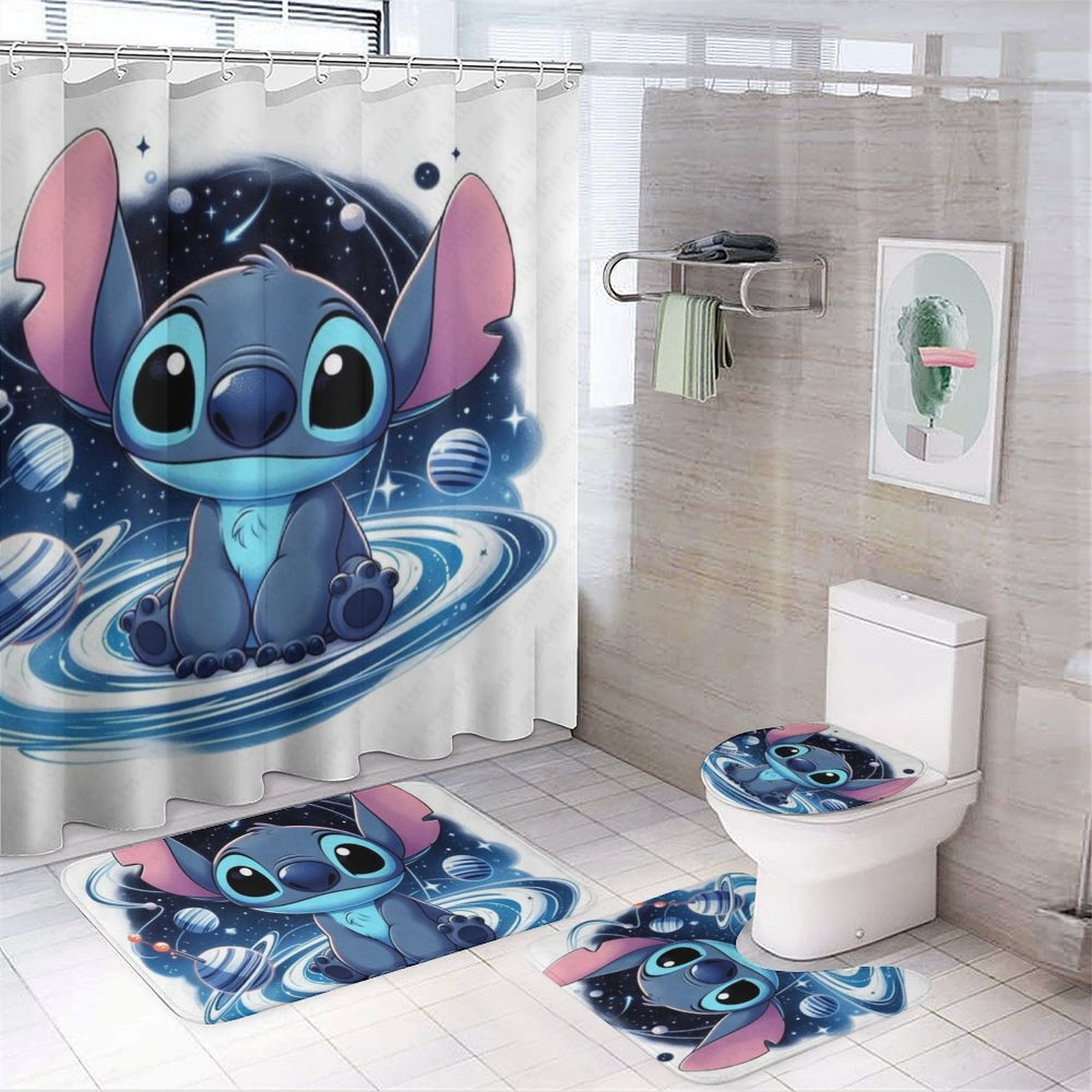 Stitch Bathroom Set 4-Piece (Shower Curtain, U-Shaped Mat, Bath Mat ...