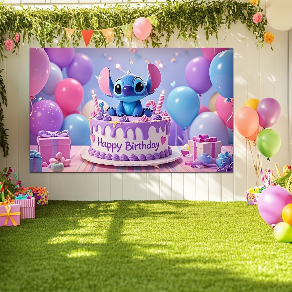 Stitch Birthday Party Banners - Vibrant backgrounds, cakes and gifts ...