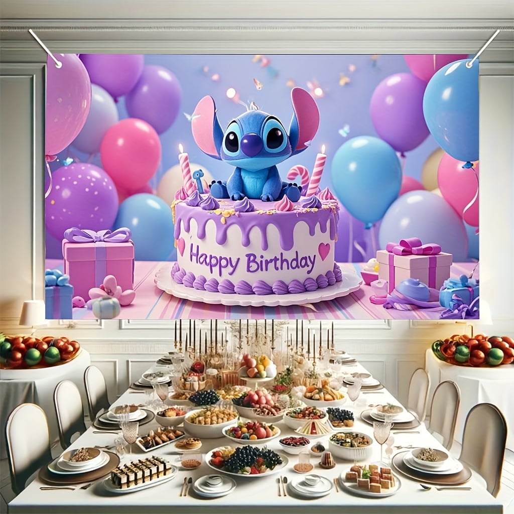 Stitch Birthday Party Banners - Vibrant backgrounds, cakes and gifts ...