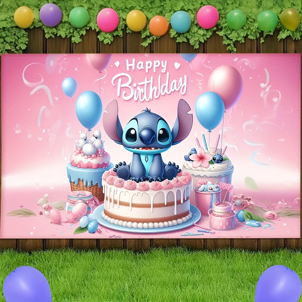 Stitch Birthday party background - Vibrant polyester banners, balloons ...