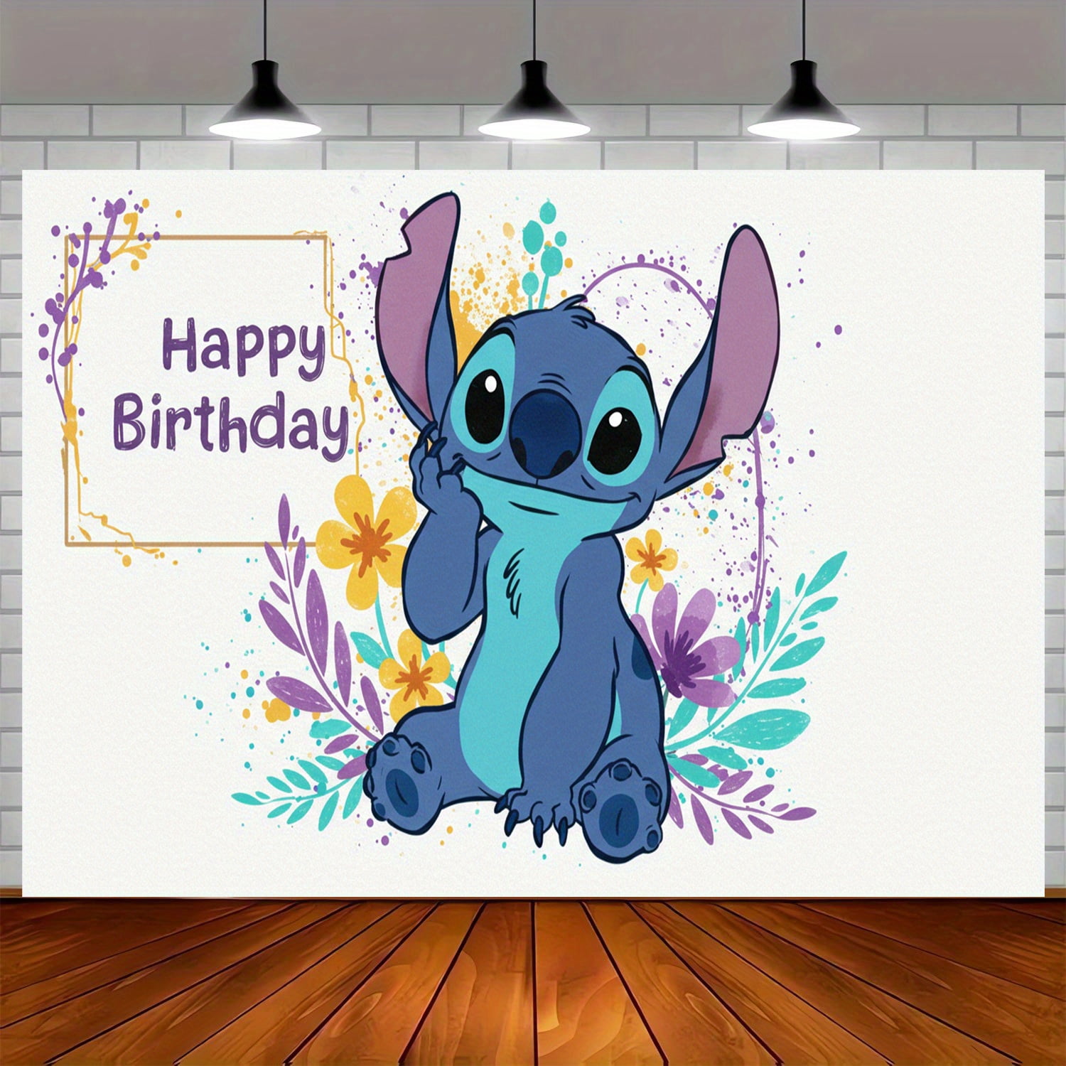 Stitch Birthday party background banner - Vibrant floral design with ...