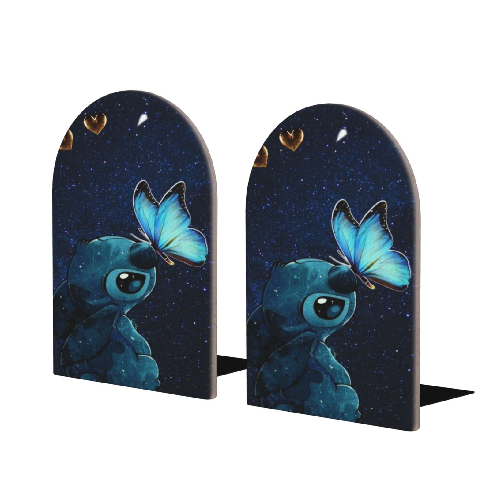 Stitch Butterfly Starry Sky Wood Book Ends Metal Base Non-Skid Bookends ...