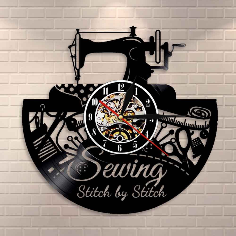 Stitch By Stitch Sewing Quotes Wall Art Vinyl Record Wall Clock Sewing ...
