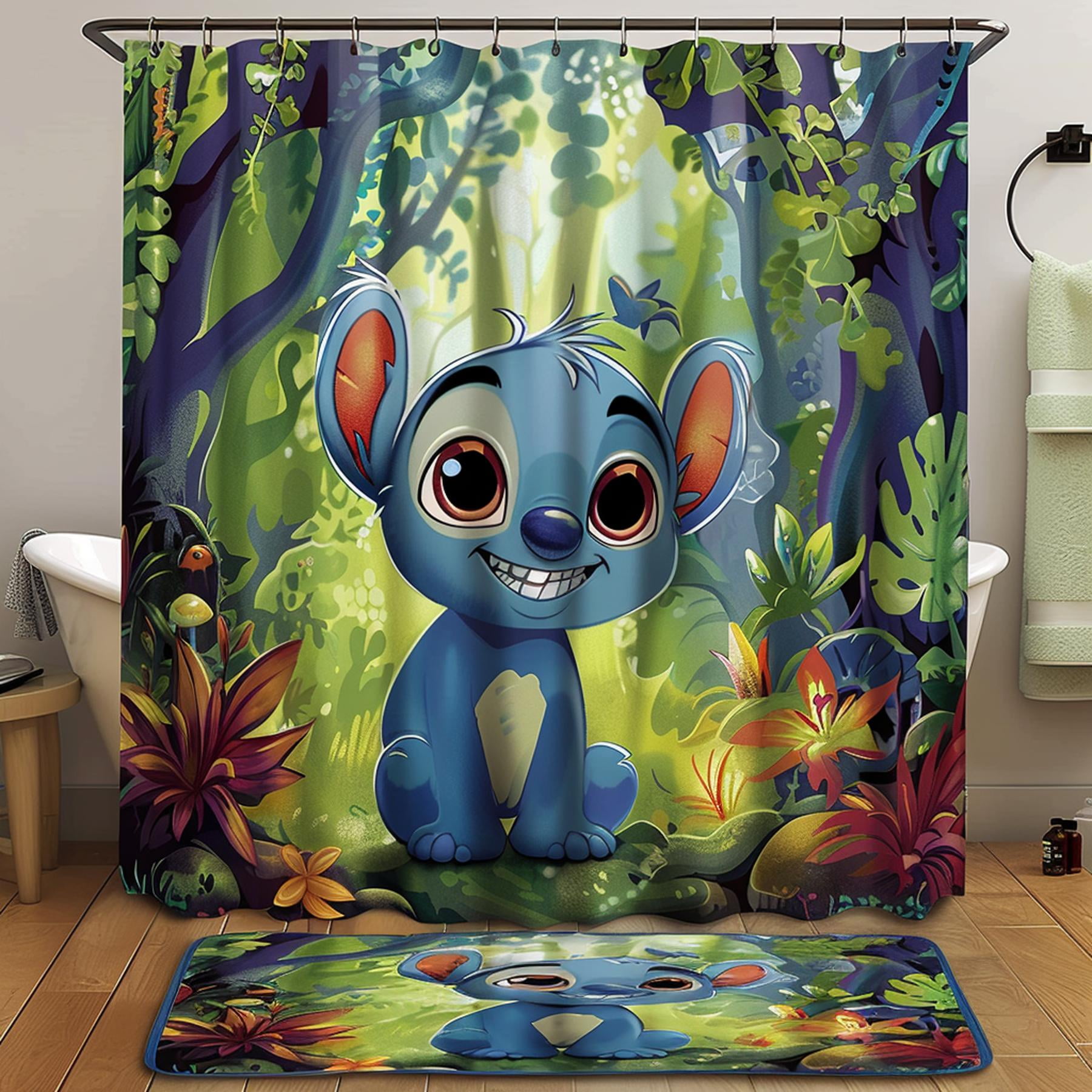 Stitch Forest Cartoon Character Bathroom Set Withand Curtain Whimsical Alien Design Vibrant Colors