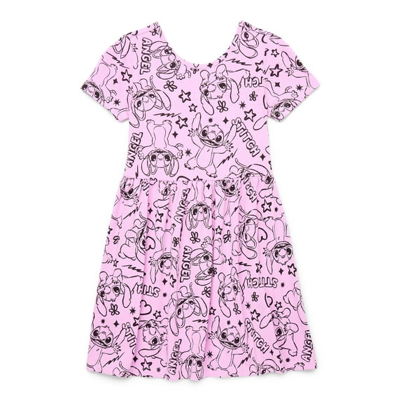 Disney Stitch Girls' Print Skater Dress with Short Sleeves, Sizes 4-12 ...