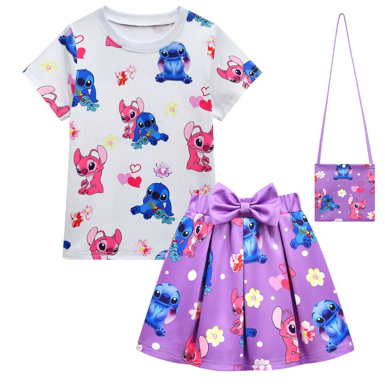 Stitch Girls Cartoon Short Sleeve Shirt and 3D Printed Skirt Set with ...