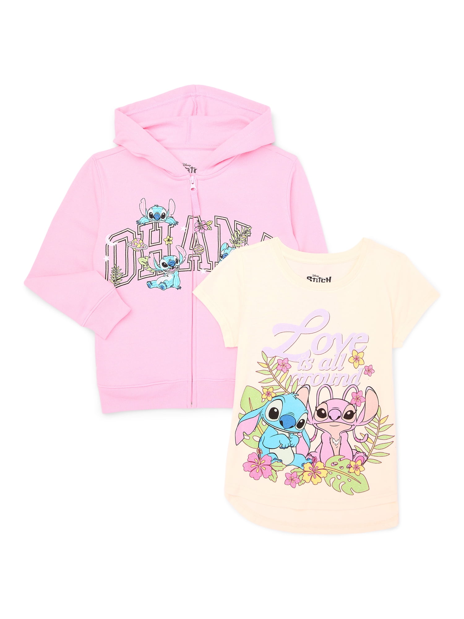 Stitch Girls Embroidered Zip Hoodie and Graphic Tee Set, 2-Piece, Sizes ...