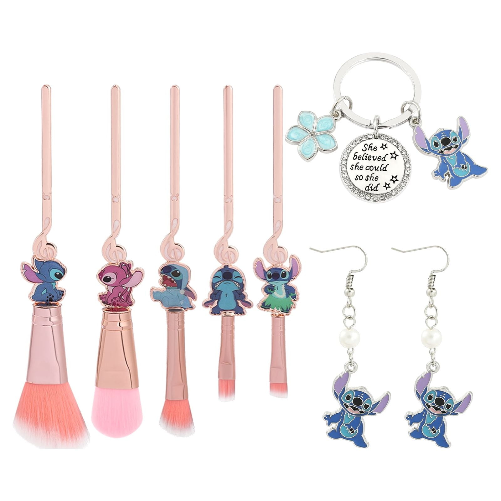 Disney Stitch Beauty Kit - 7pcs Cosmetic Brushes, Ohana Jewelry ...