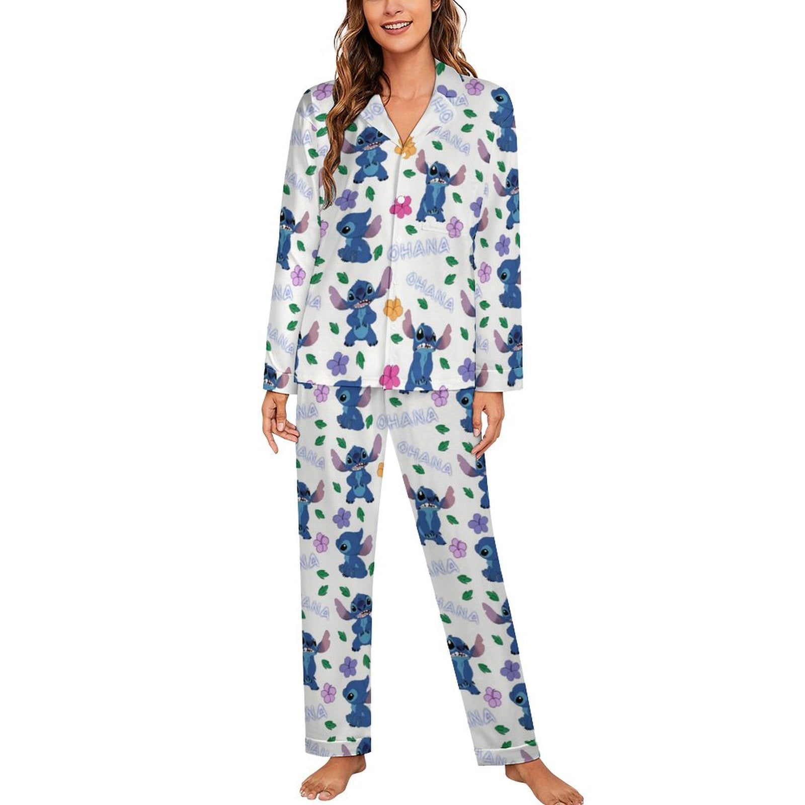 Stitch OHANA CHANA Women's Pajamas Long Sleeve Sleepwear Casual Button ...