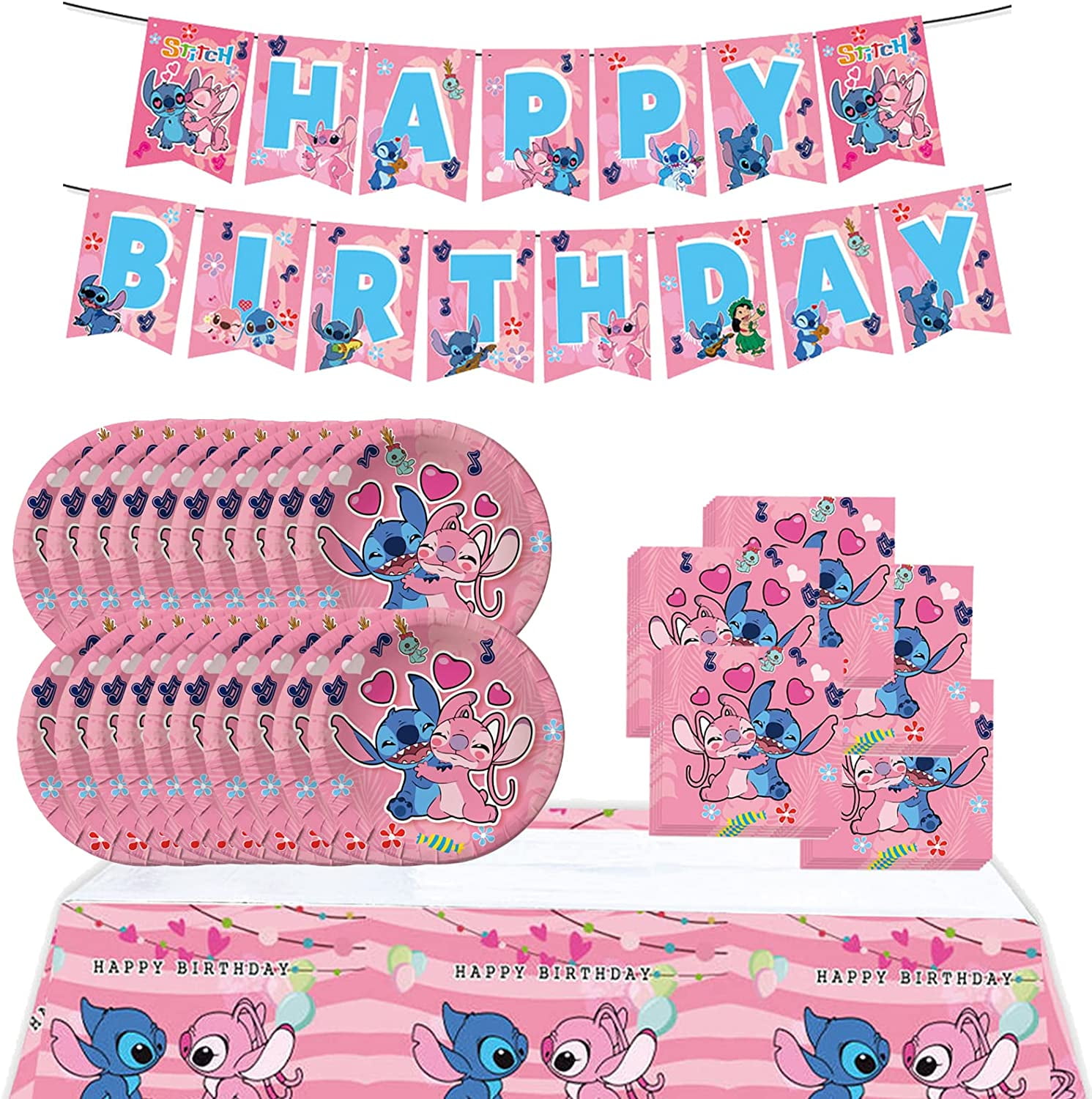 Stitch Party Supplies - Pink Cartoon Stitch Theme Tableware with Happy ...