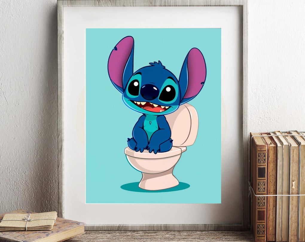 Stitch Sitting On The Toilet Art Print - Disney Bathroom Wall Decor ...