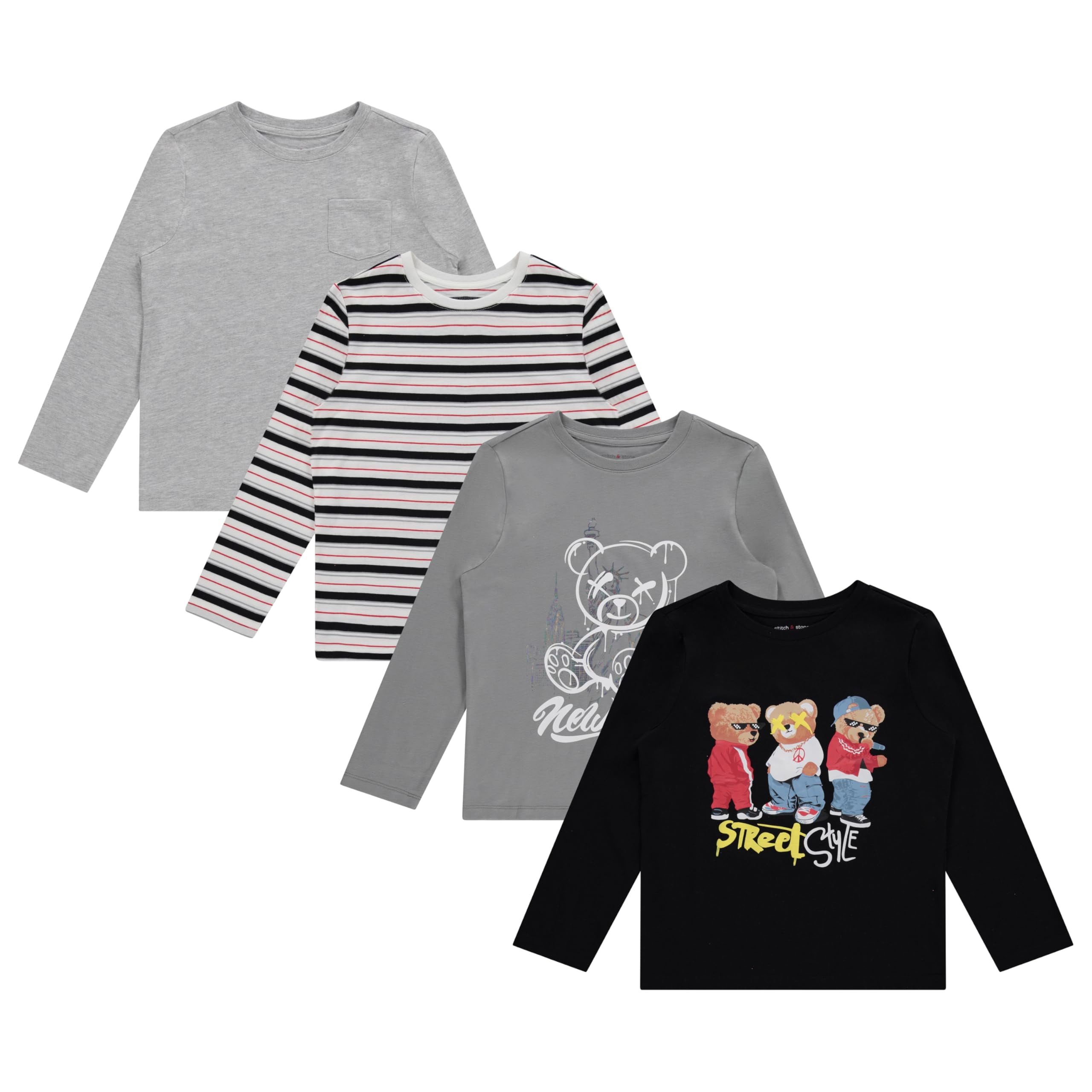 Stitch & Stone Boys 4-Pack Long Sleeve Graphic Tops, Stylish and ...