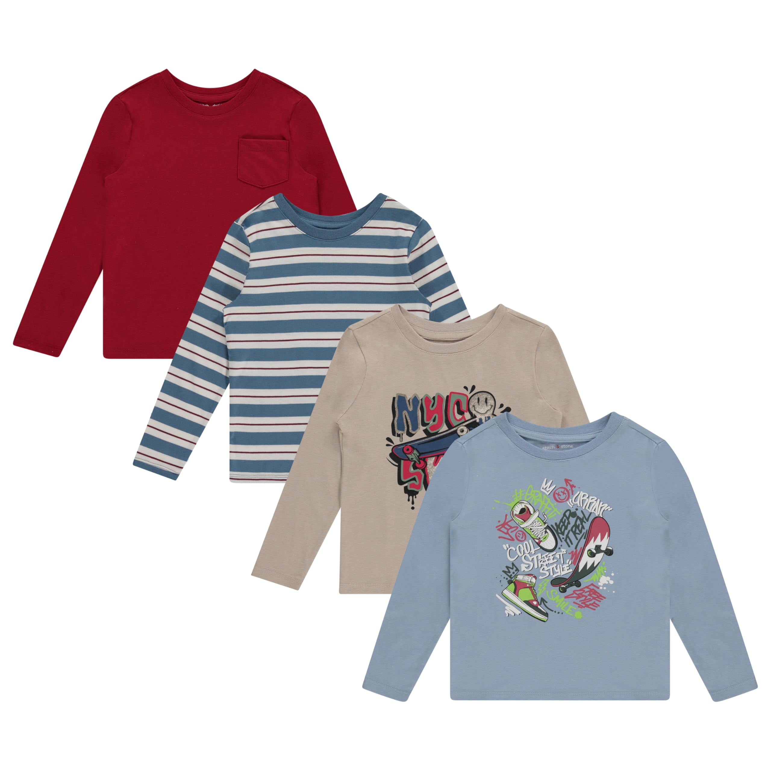 Stitch & Stone Boys 4-Pack Long Sleeve Graphic Tops Taupe Sizes 10/12 ...
