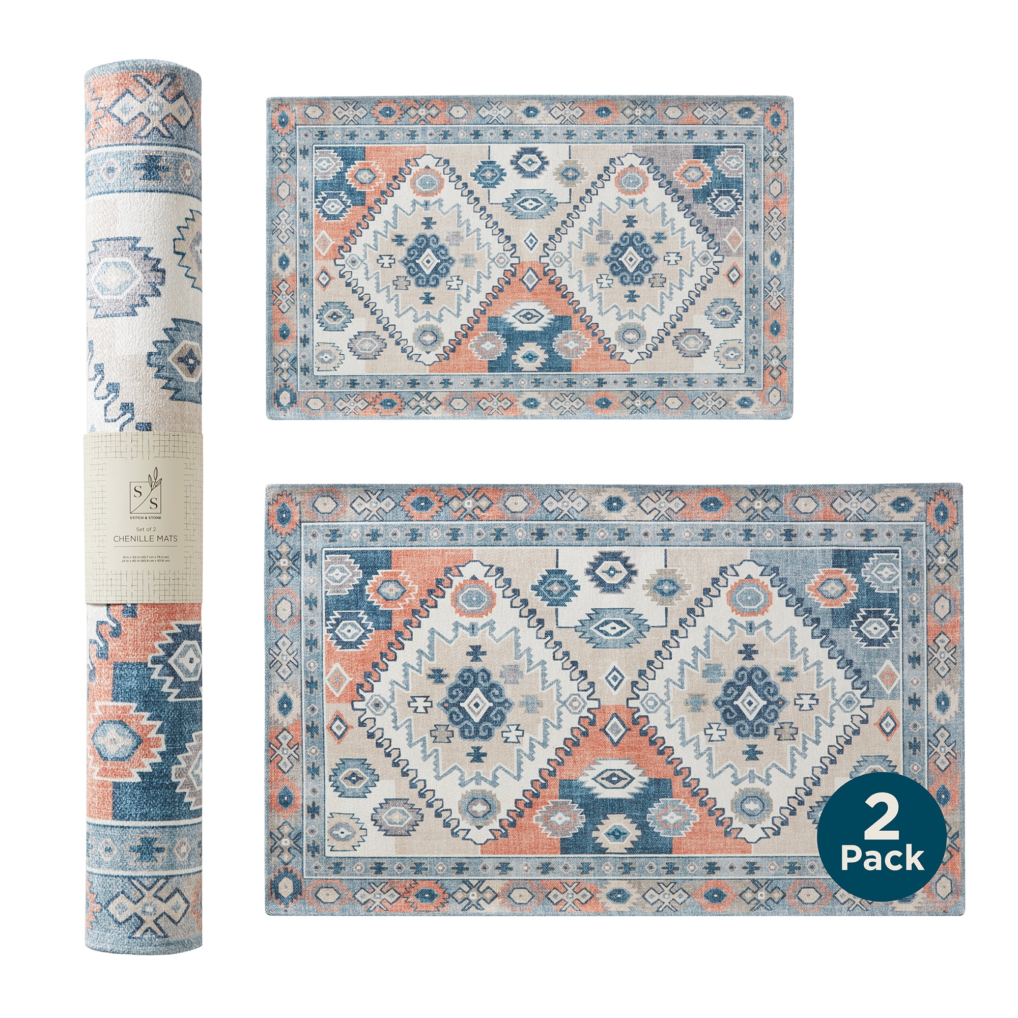 Stitch & Stone Polyester Chenille Kitchen Mat - 2 Pack 18"x30" & 24"x40 ...