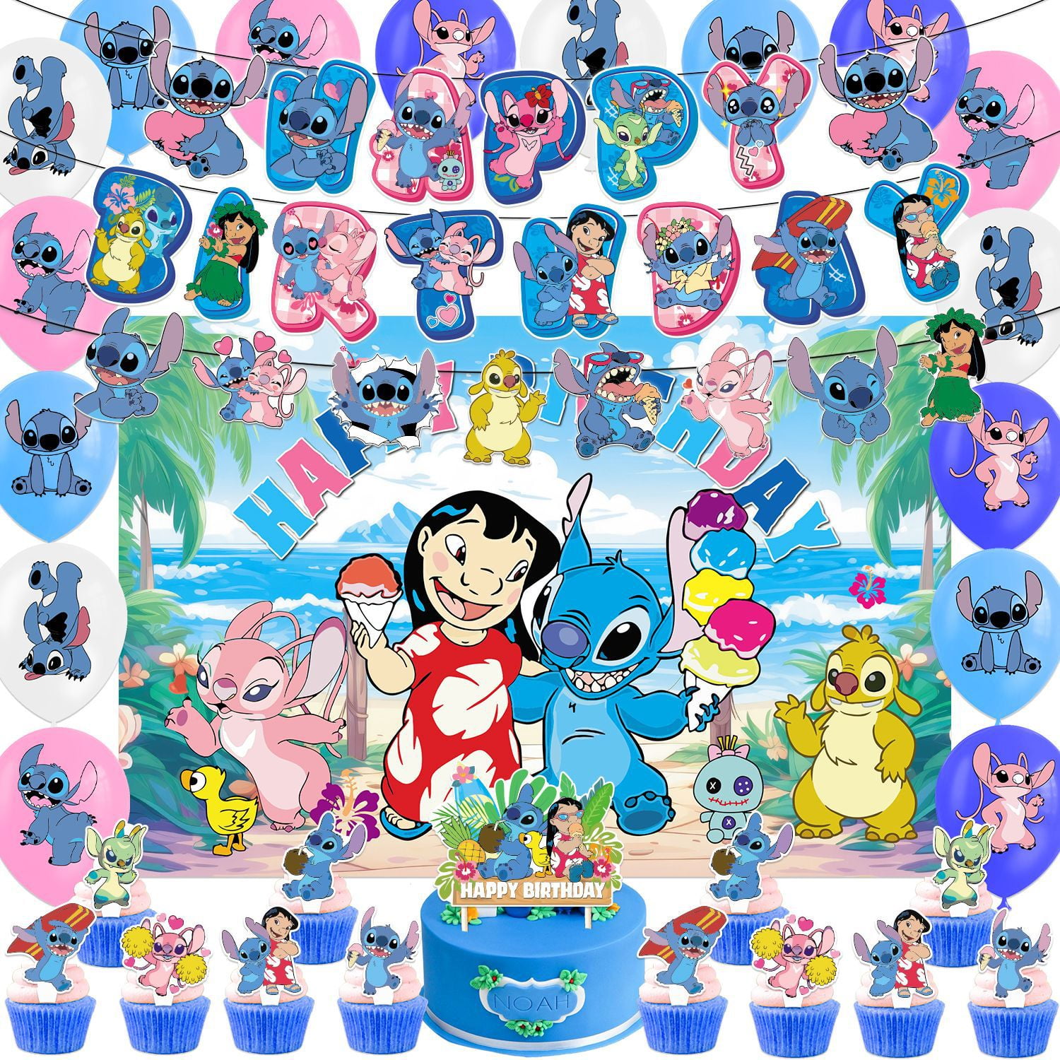 Stitch Themed Birthday Party Decoration Set, 38pc set includes backdrop ...