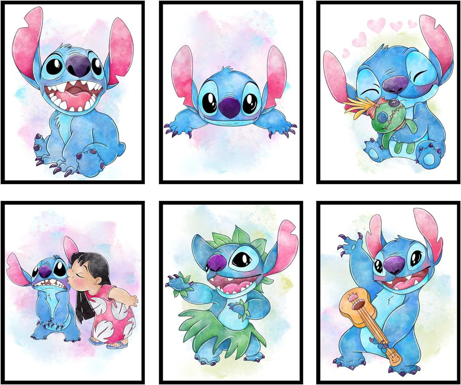 Stitch Watercolor Posters - Set of 6 (8" x 10") Anime Cartoon Wall Art ...