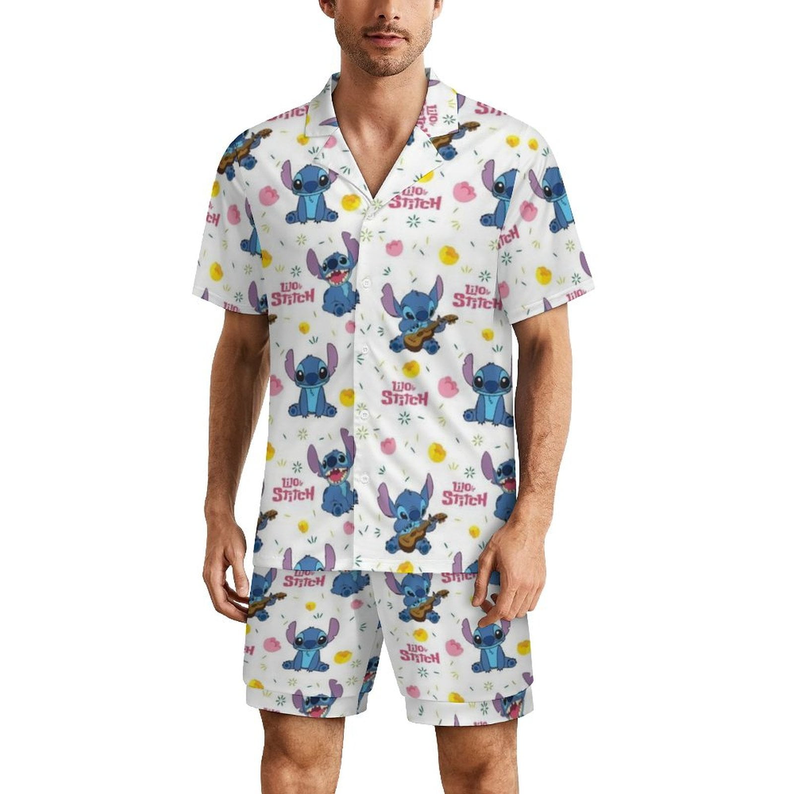 Stitch and Angel Men's Ice Silk Satin Pajamas 2 Piece Short Sleeve ...