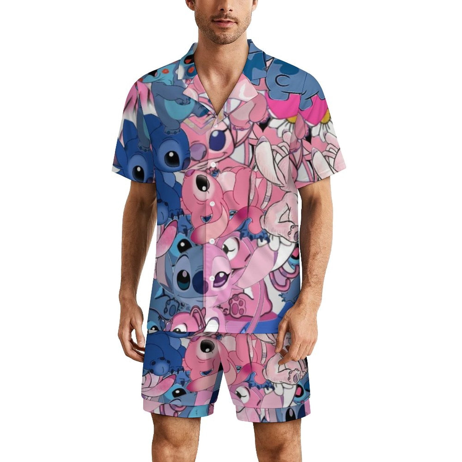 Stitch and Angel Men's Ice Silk Satin Pajamas 2 Piece Short Sleeve ...