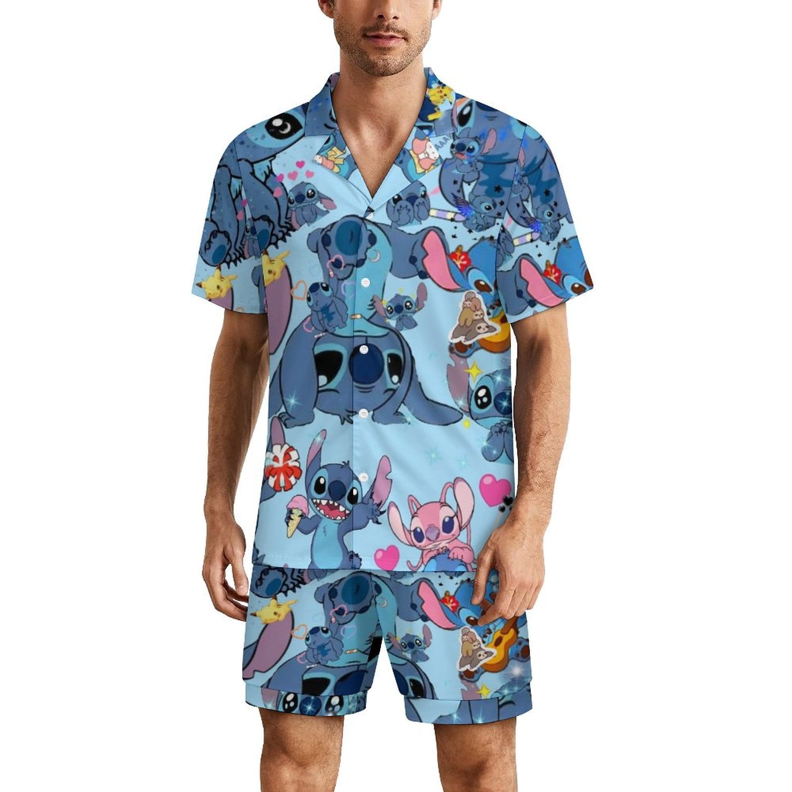 Stitch and Angel Men's Ice Silk Satin Pajamas 2 Piece Short Sleeve ...