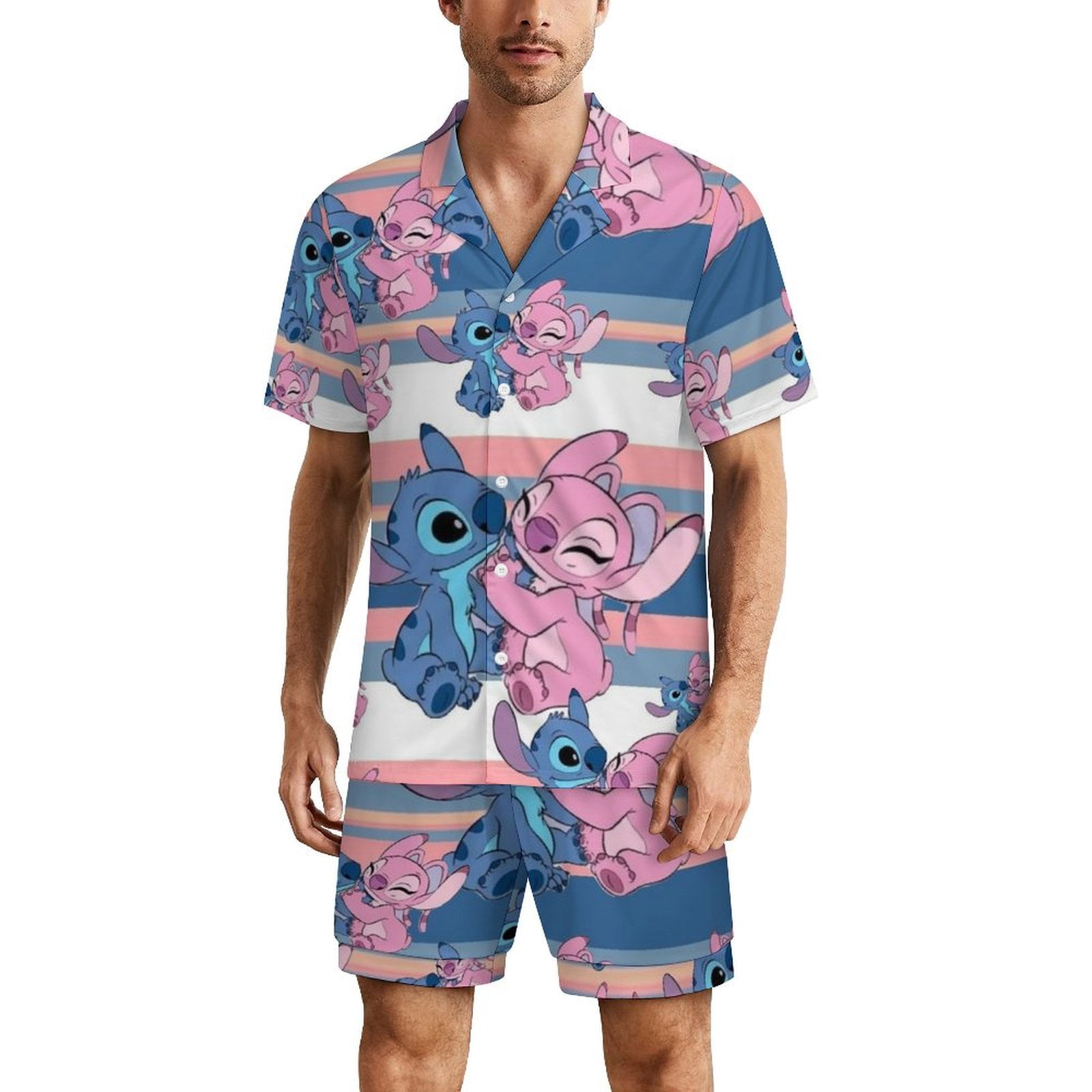 Stitch and Angel Men's Ice Silk Satin Pajamas 2 Piece Short Sleeve ...