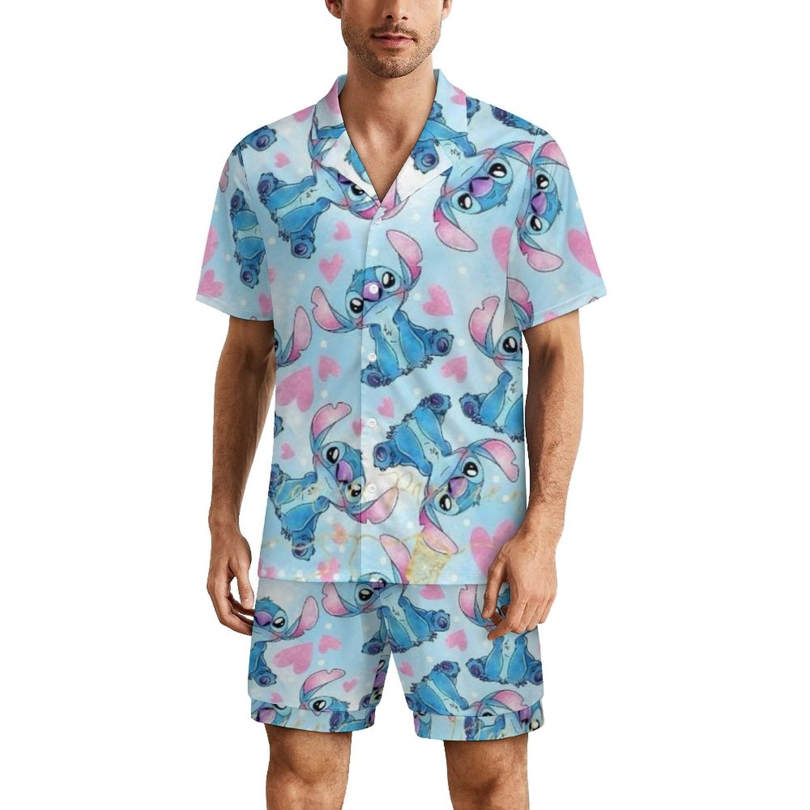 Stitch and Angel Men's Ice Silk Satin Pajamas 2 Piece Short Sleeve ...