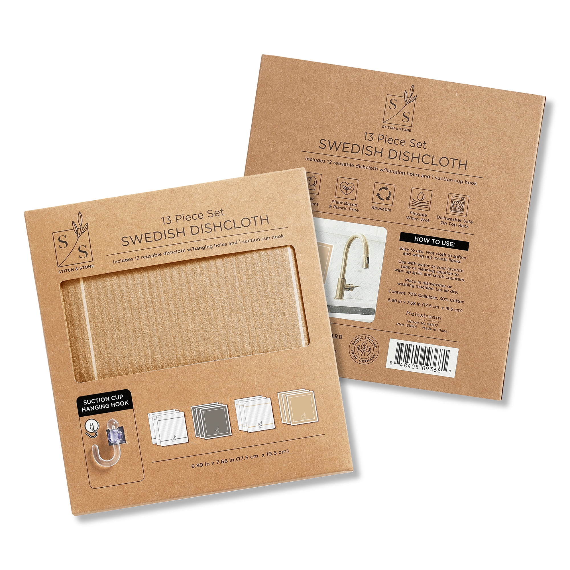 Stitch and Stone Reusable Swedish Dishcloths, 12 Pack with Hook - Solid ...