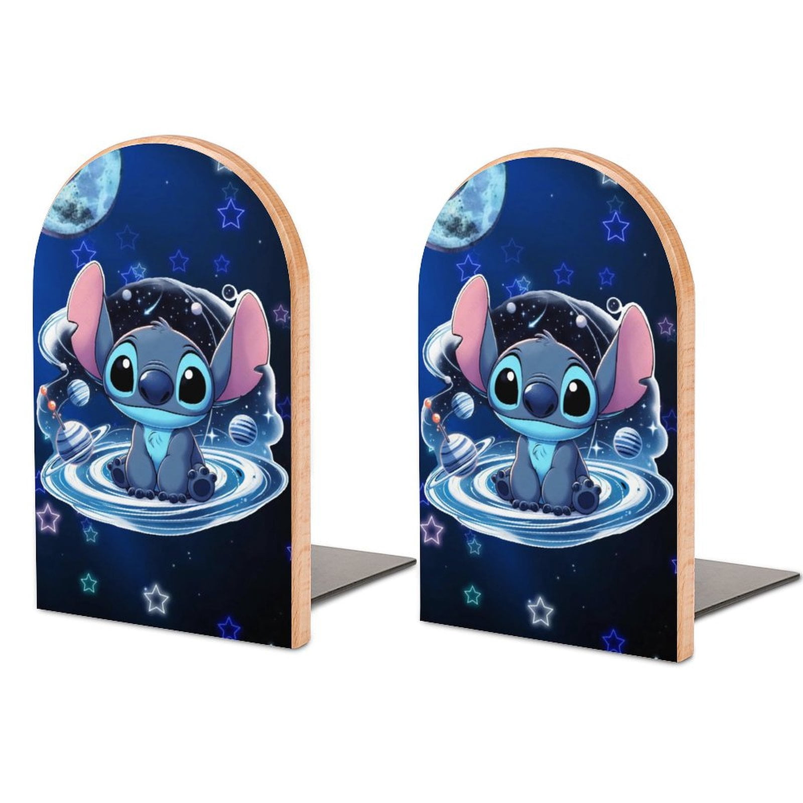Stitch in Space 2PCS Wood Bookends for Shelves, Non-Slip Book Stand ...