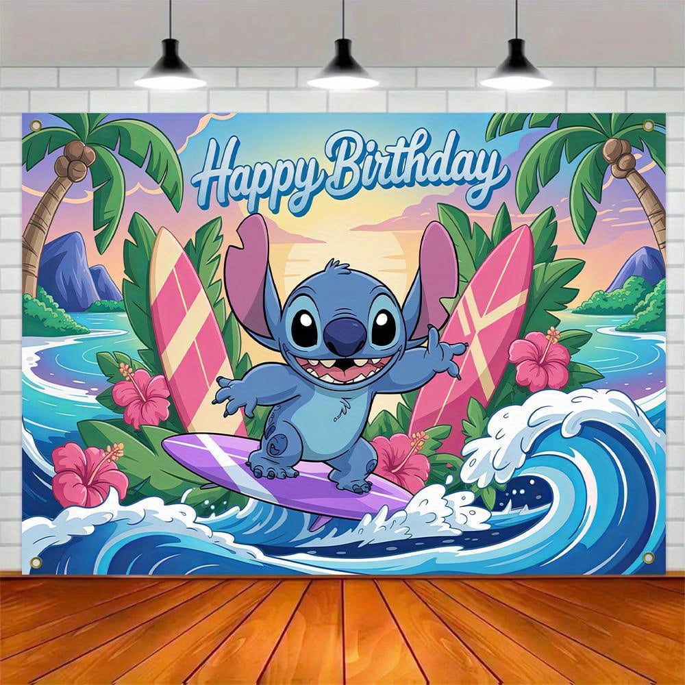 Stitch's "Happy Birthday" tropical beach-themed durable polyester ...