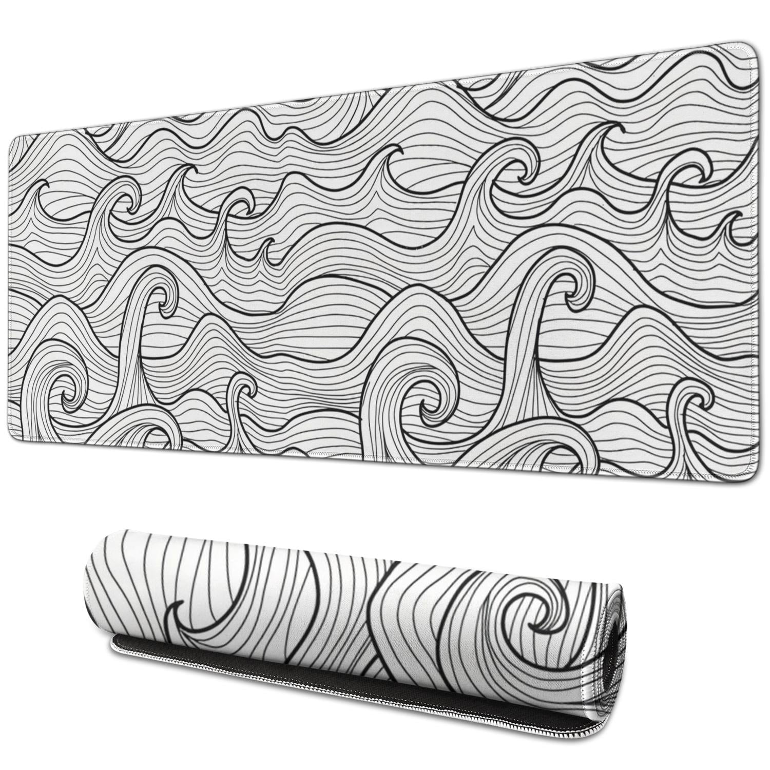 Stitched-Edge Gaming Mouse Pad - XL, Non-Slip, Blue & White Wave Design ...