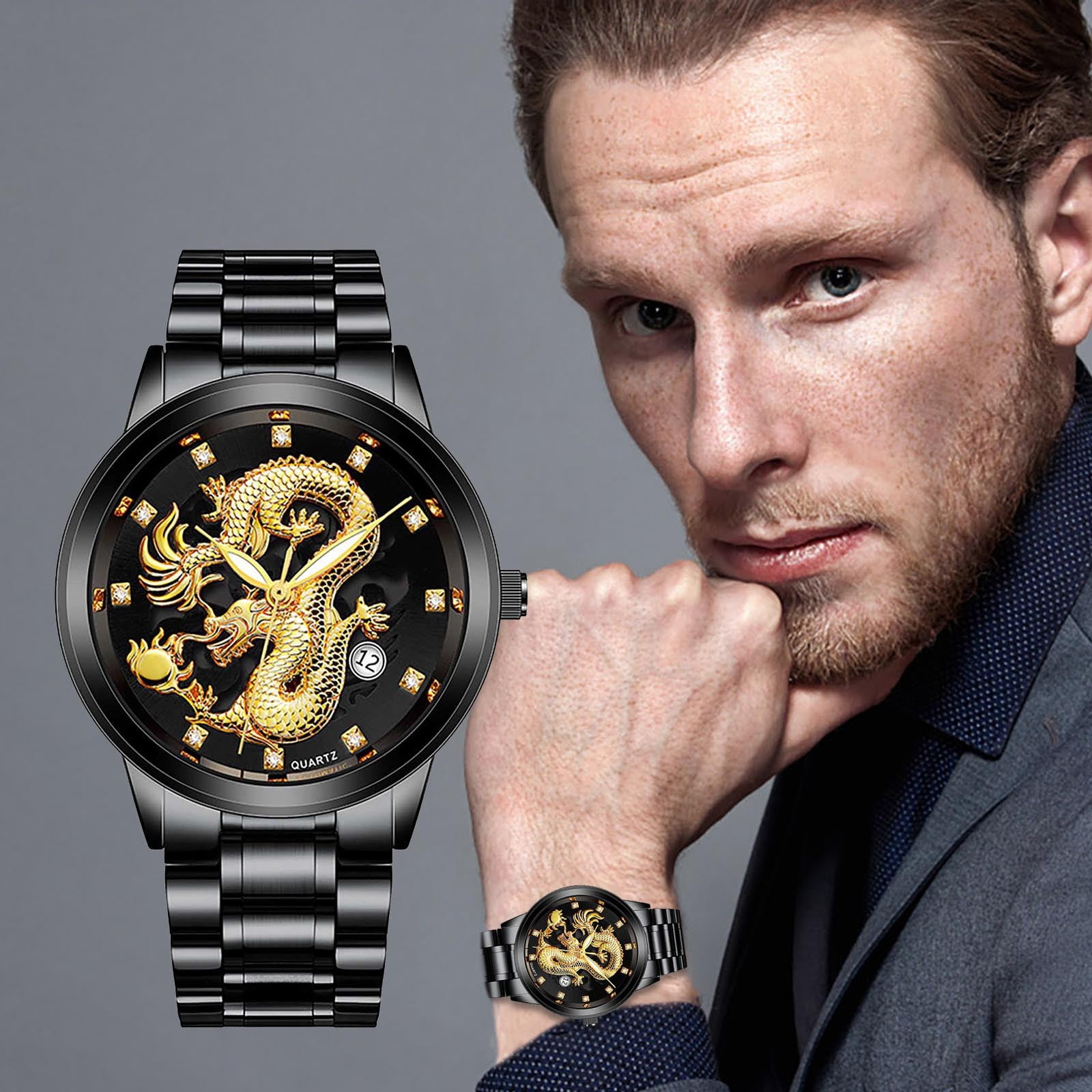 Stiwee Watches for Men On Sale Men's Steel Strap Watch Golden Dragon ...