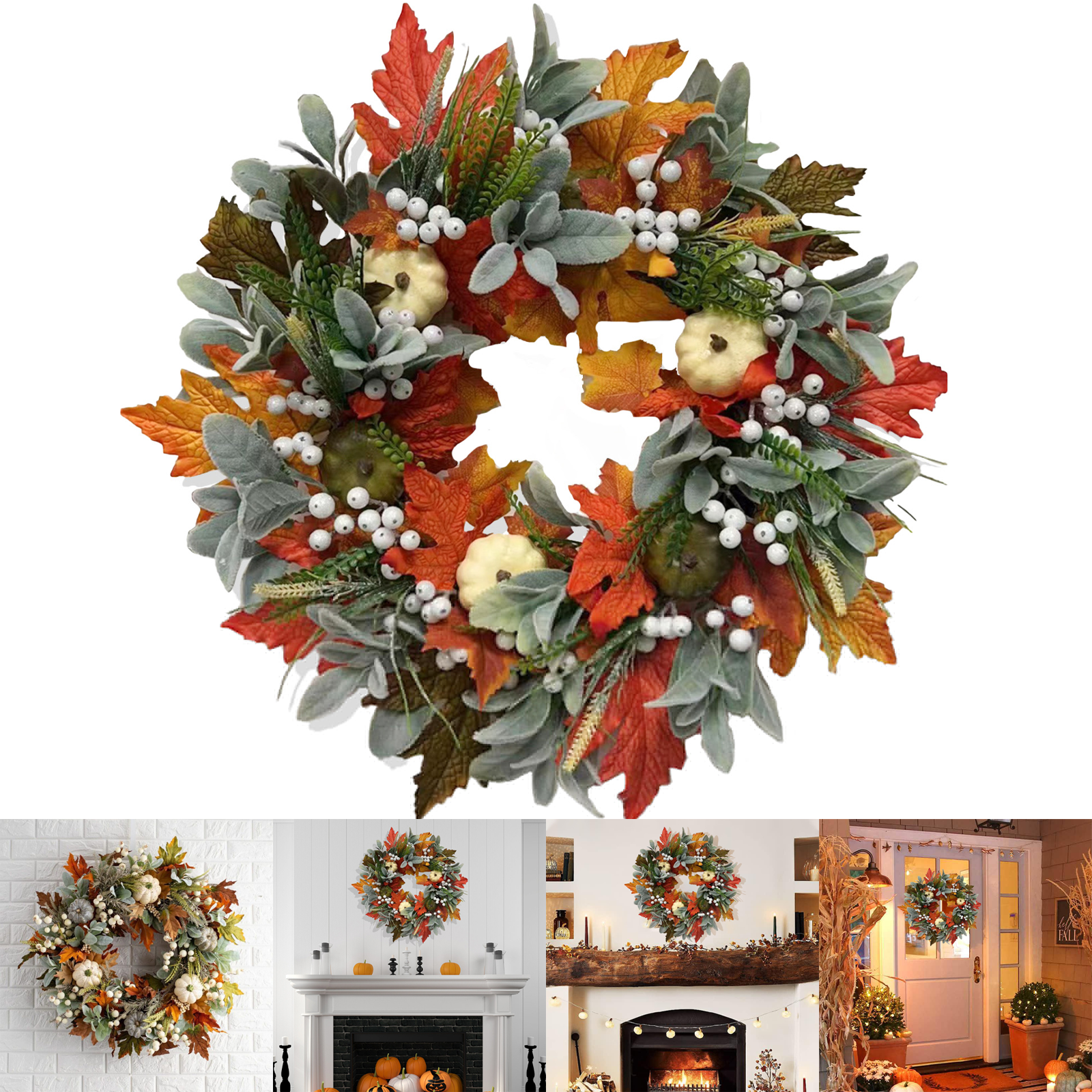 StlyGar 14.5 Inch Fall Wreath for Front Door, Pumpkin Berry Maple Leaf ...