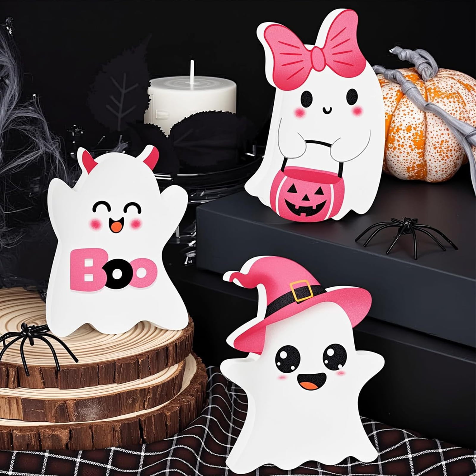 StlyGar 3pcs Adorable Pink Ghost Halloween Desktop Decor Set with Devil ...