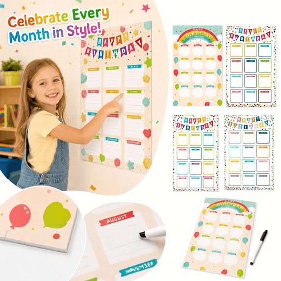StlyGar 4Pc Birthday Chart Poster for Classroom 11 x 17 Inch Reusable ...