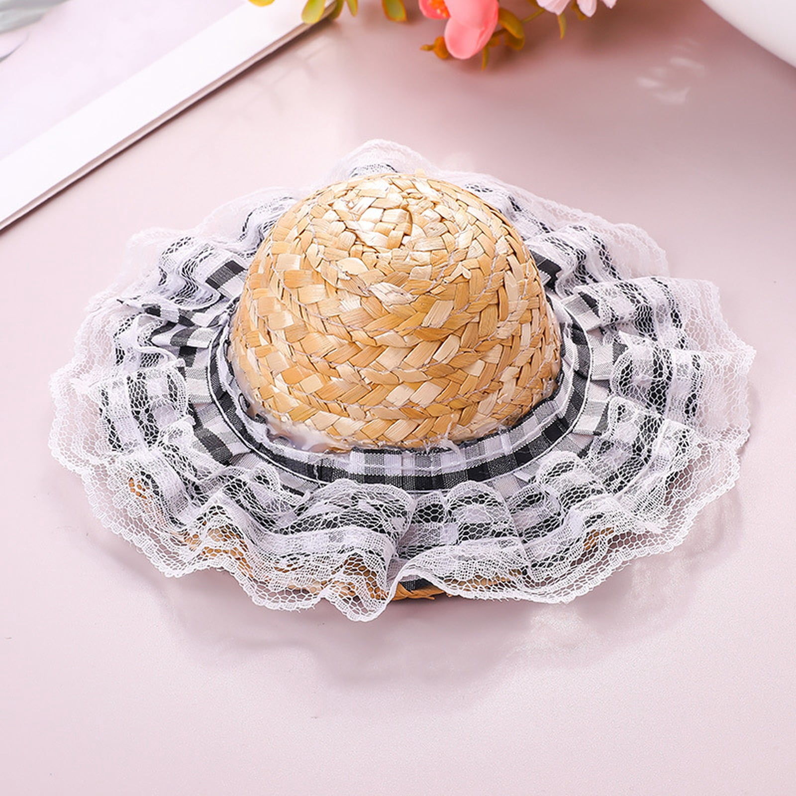 StlyGar Pet Straw Hat White Lace Small Cute Woven Sun Block Cap for ...