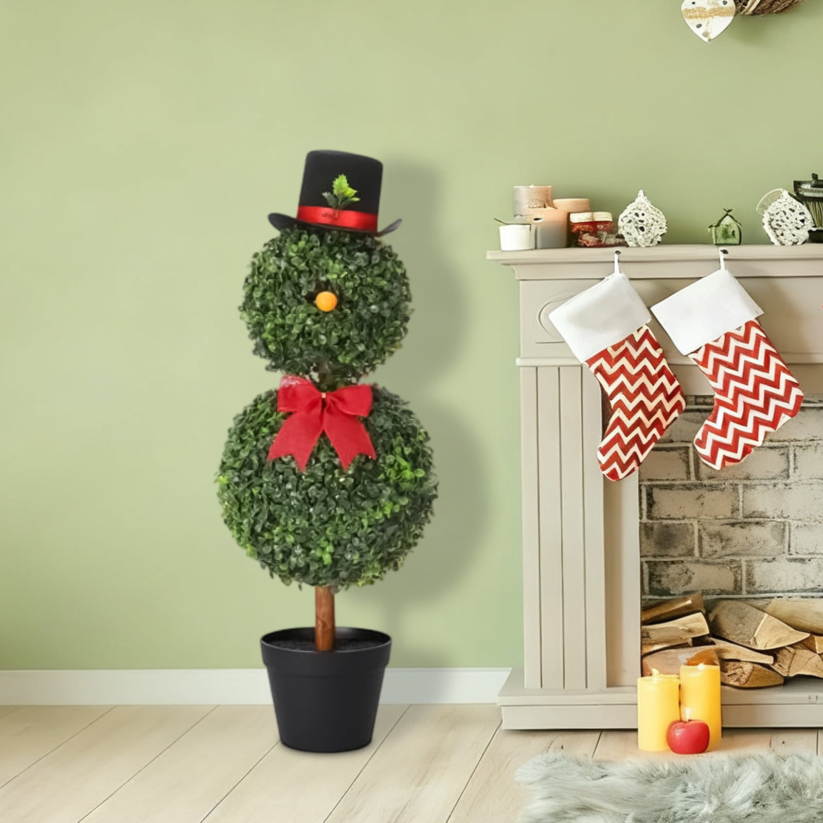 StlyGar Snowman Christmas Topiary Tree Santa Hat Faux Boxwood Holiday ...