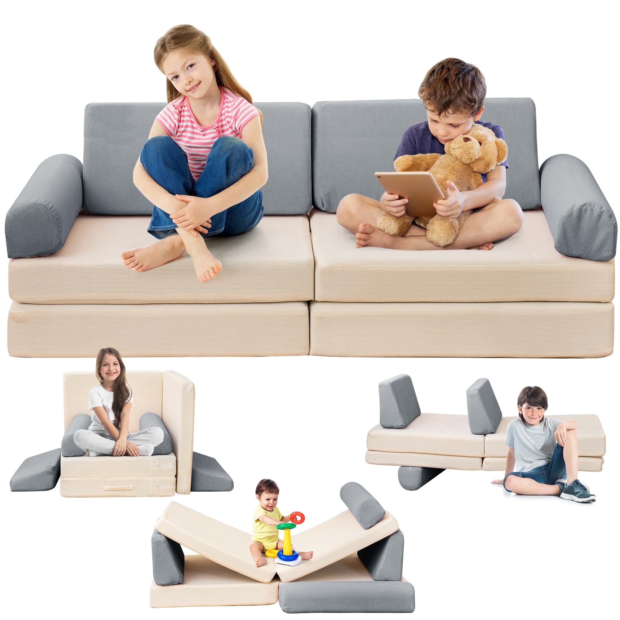 Stmoze 8Pcs Modular Couch Kids Grey,Modular Kids Play Couch Fort ...
