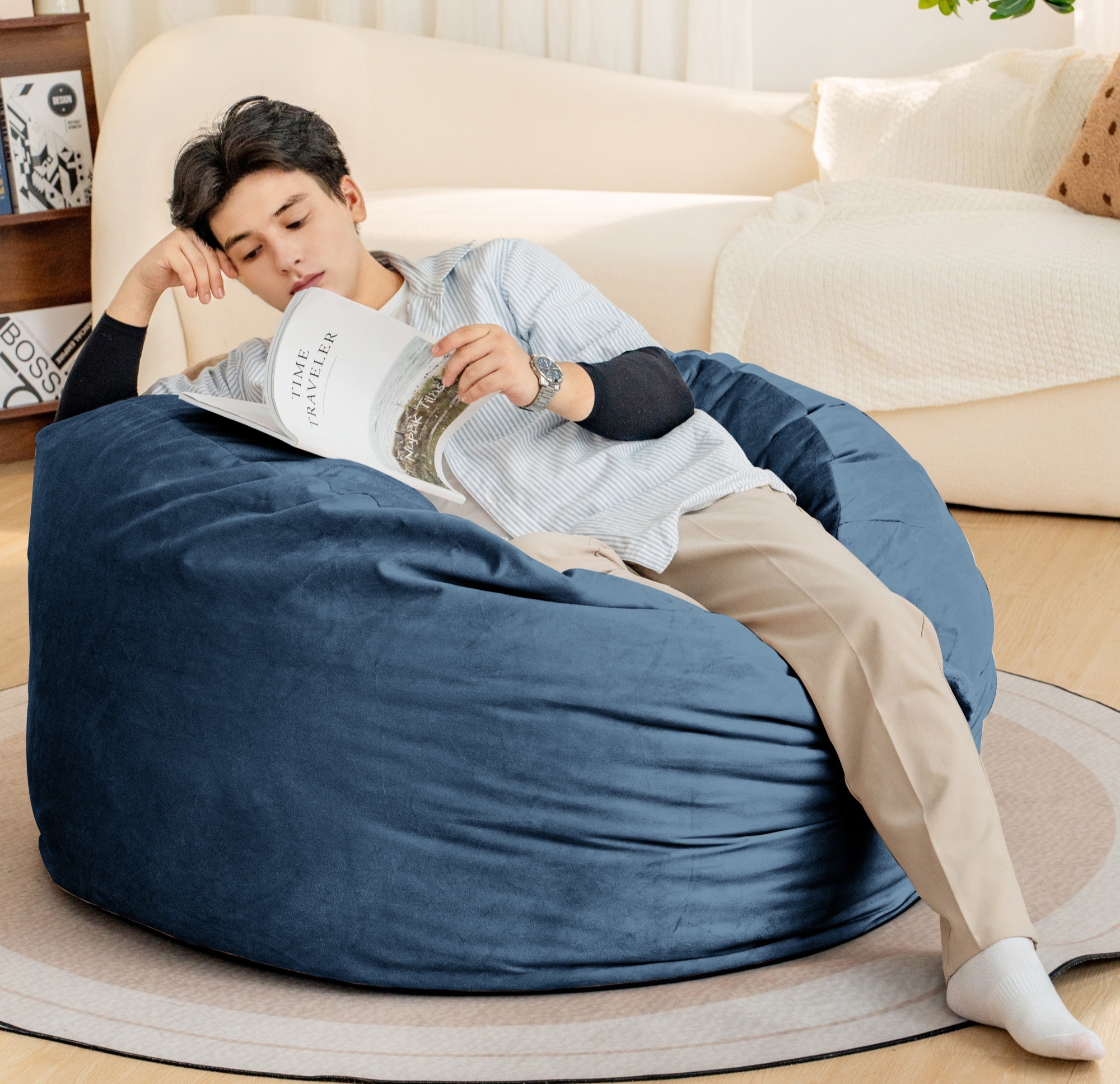 Stmoze Blue Bean Bag Chair 4Foot Luxurious Velvet Ultra Soft Fur with ...