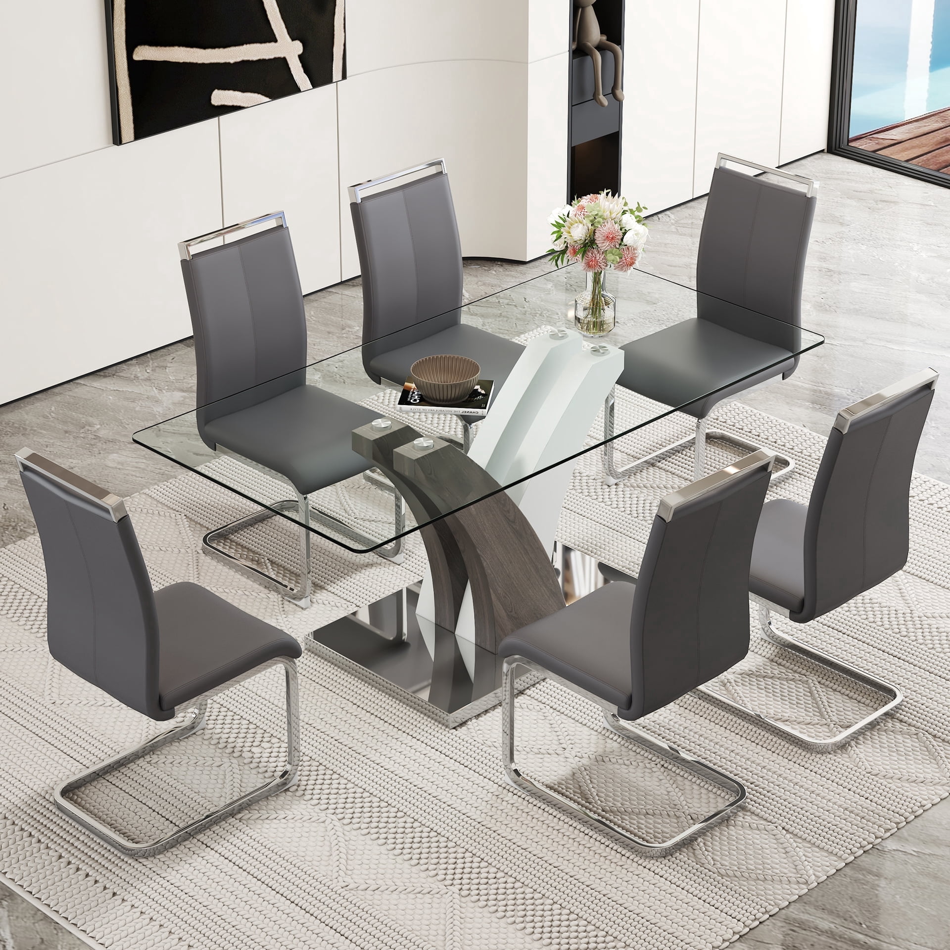 StnTalk Glass Dining Table Set for 6, 63” Kitchen Table Set for 6 ...