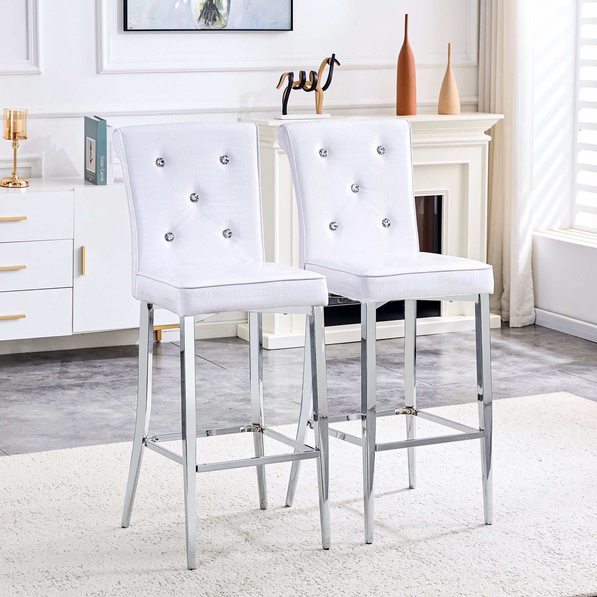 StnTalk Set of 2 White Bar Stools with Silver Metal Legs, Stable PVC ...