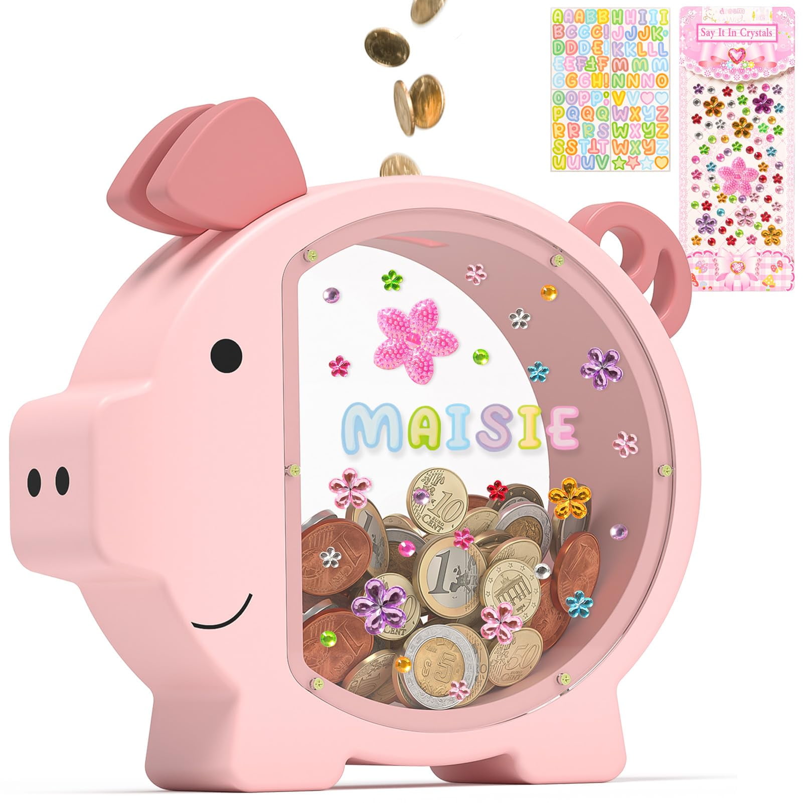 Stnqtsrv Pink Piggy Bank Girls, Unbreakable Wooden Piggy Bank for Kids ...