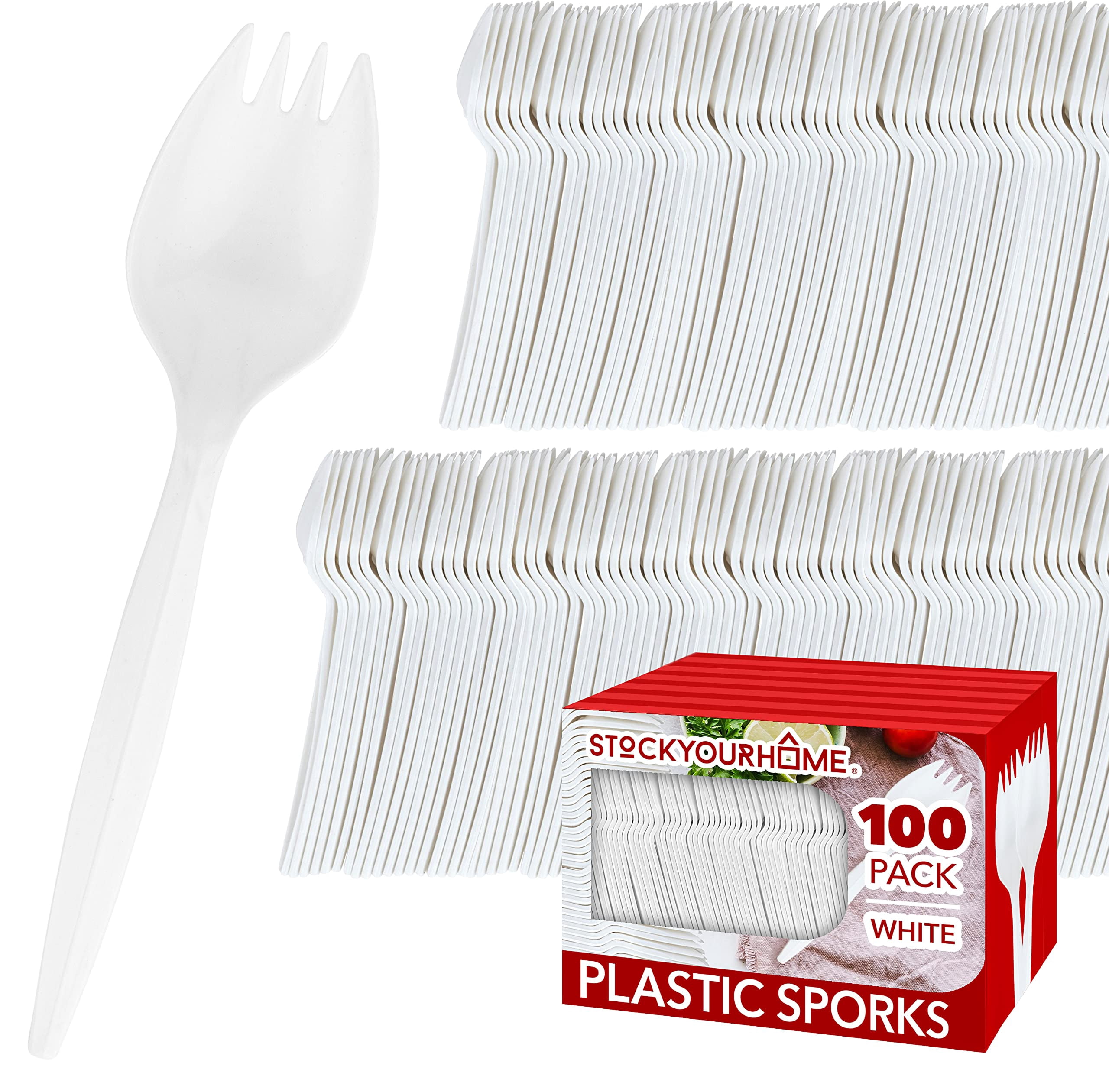 Stock Your Home 100 DEF29 Disposable Sporks, White Plastic Sporks - Kid Safe 2 in 1 Utensils ...