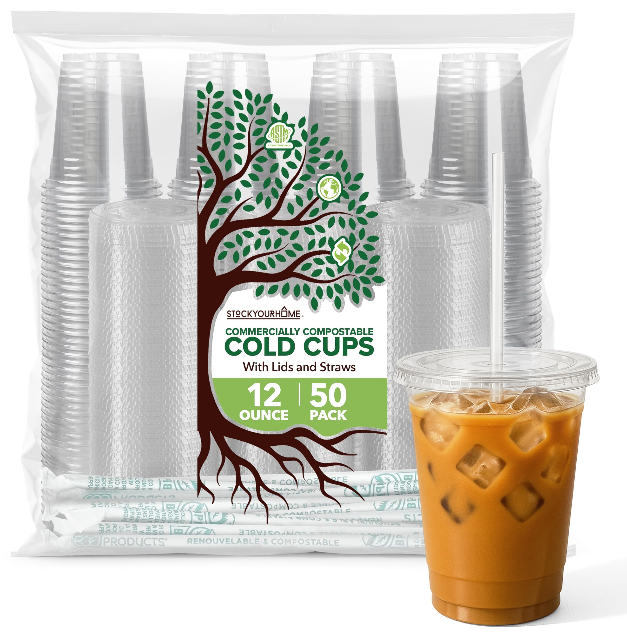 Stock Your Home 12 oz Clear Commercially Compostable Cups with Lids and ...