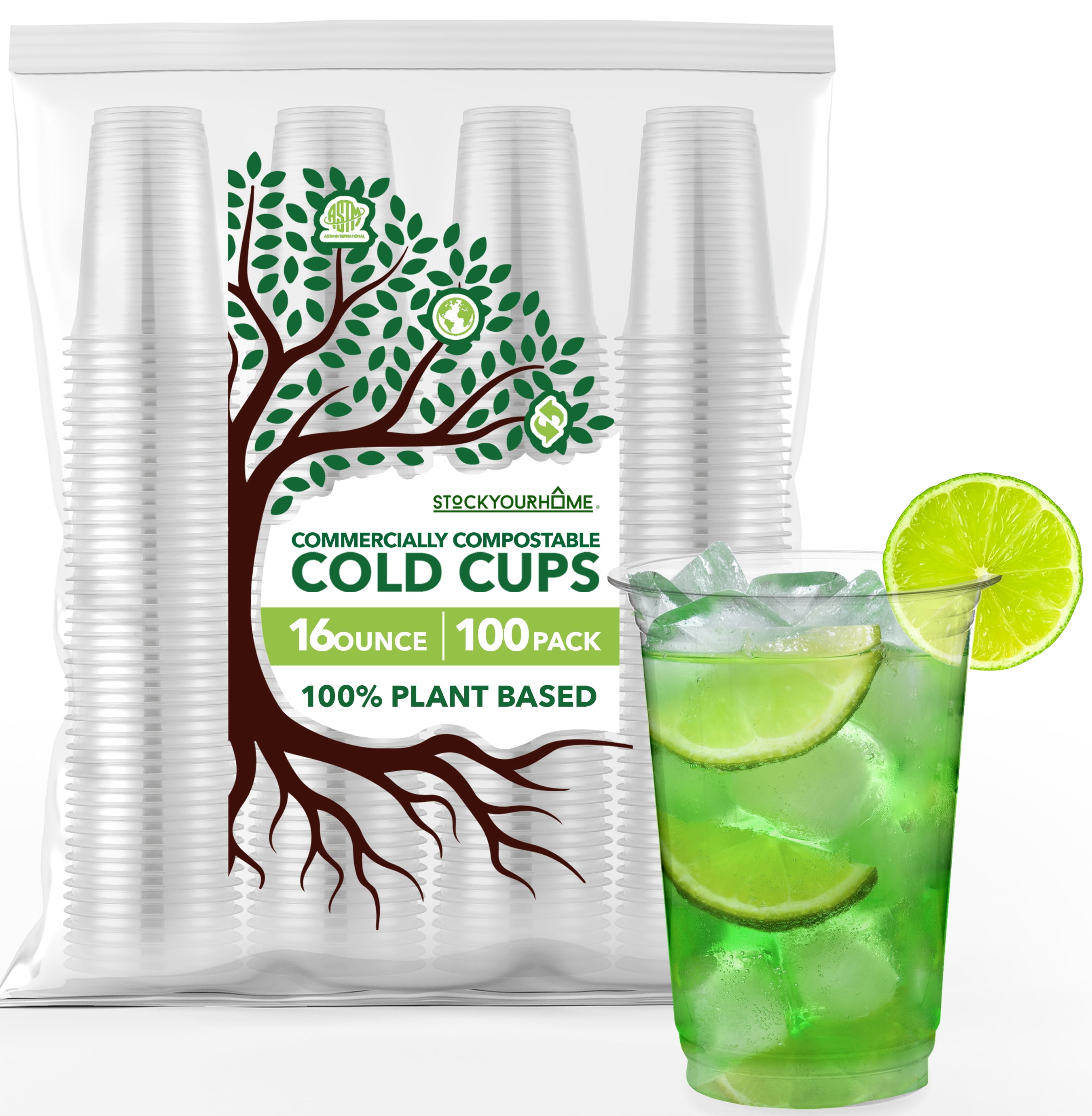 Stock Your Home 16 oz Clear Commercially Compostable Cold Cups (100 ...