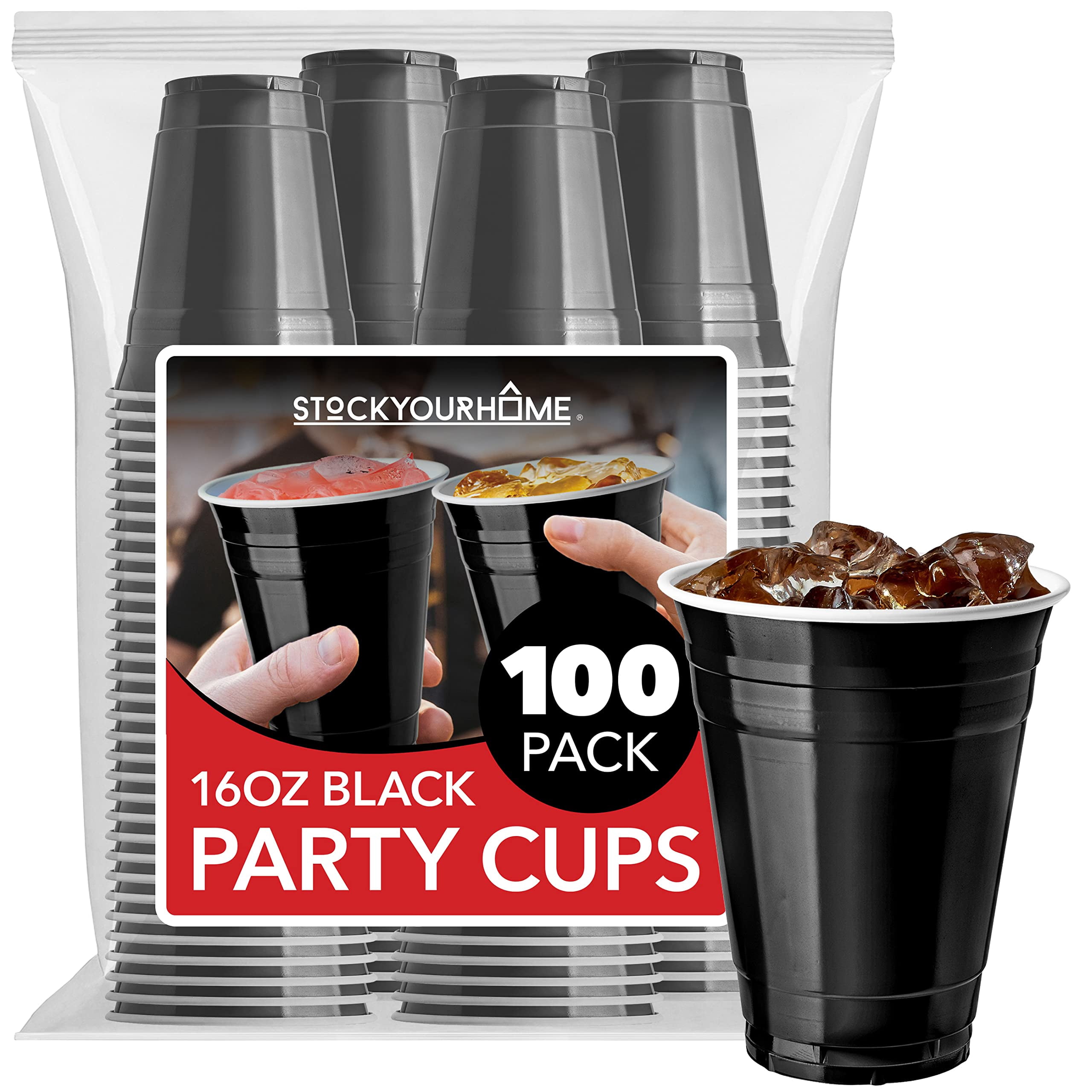 Stock Your Home Black Plastic Cups Disposable, 16oz (100 Count) Heavy ...