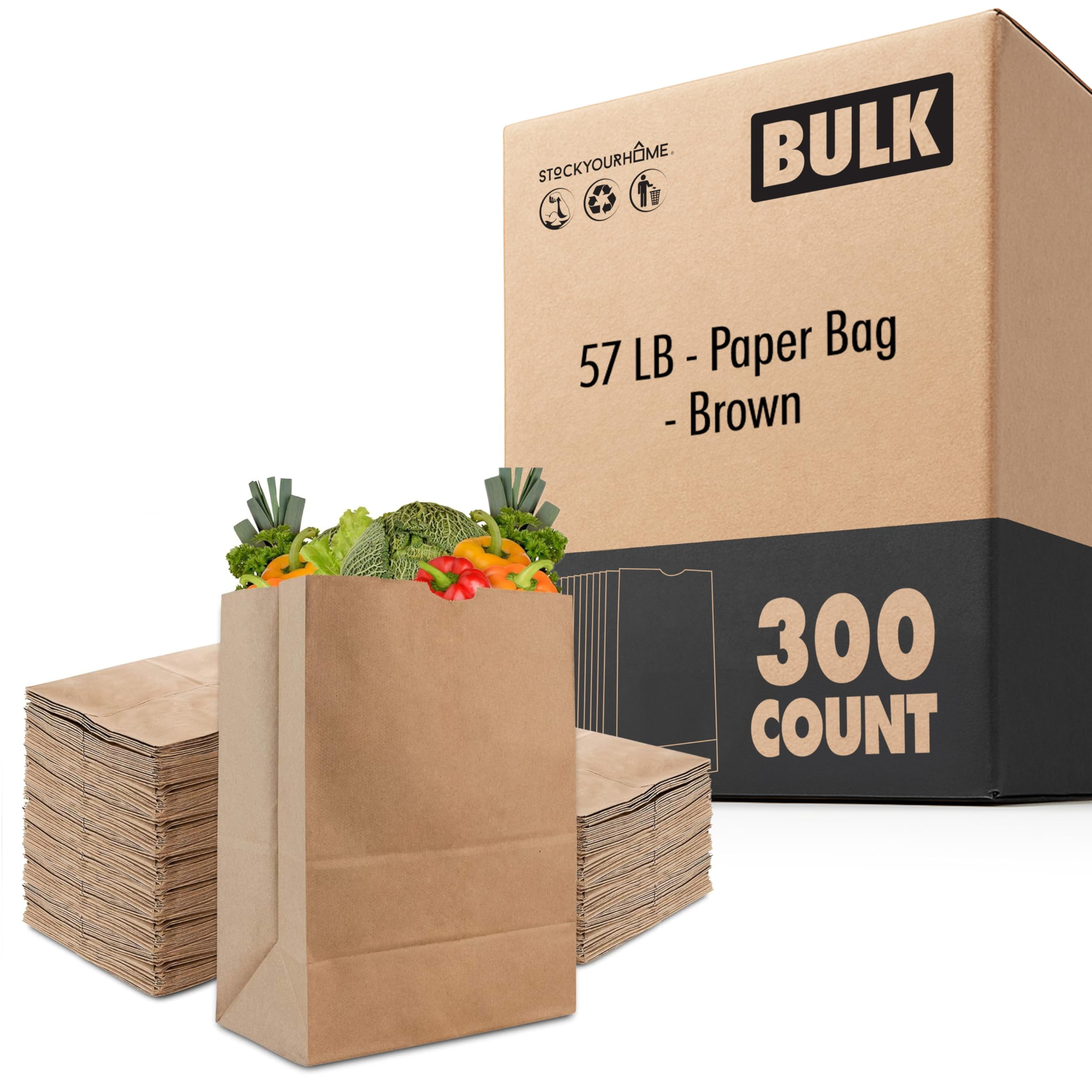 Stock Your Home 57 lb Paper Bags 300 Count, Heavy Duty Large Brown ...